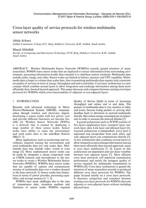 Pdf Cross Layer Quality Of Service Protocols For Wireless Multimedia Sensor Networks