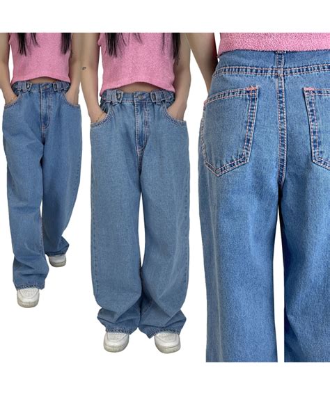 멘들스 핑크 스티치 트루진 연청 비조 와이드 데님 팬츠 에이블리