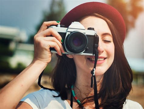 Playful Woman Taking Picture Film Premium Photo Rawpixel