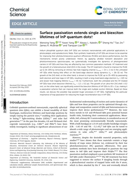 Pdf Surface Passivation Extends Single And Biexciton Lifetimes Of Inp Quantum Dots