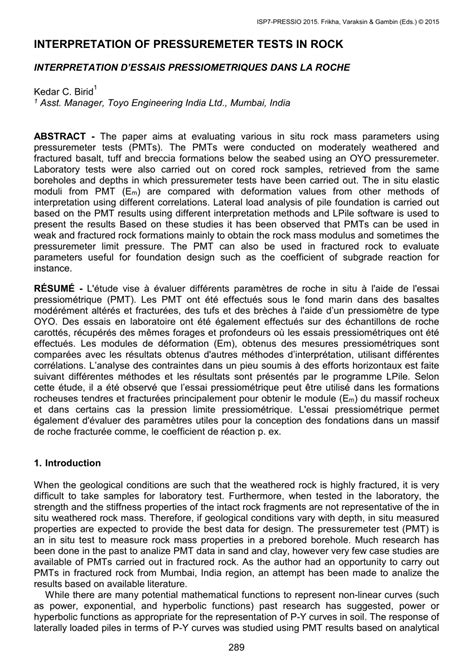 Pdf Interpretation Of Pressuremeter Tests In Rock