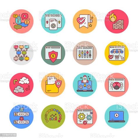 Seo 개발 및 마케팅 플랫 라운드 아이콘 벡터 아이콘 세트에 대한 스톡 벡터 아트 및 기타 이미지 아이콘 세트 가계