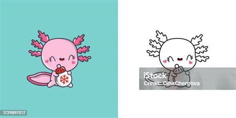 크리스마스 Axolotl 여러 가지 빛깔과 흑백을 설정하십시오 Kawaii 클립 아트 크리스마스 양서류입니다 0명에 대한 스톡