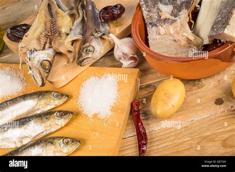 Assorted Salt Cured Fish With Ingredients For Mediterranean Recipies