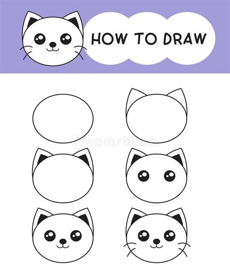 How To Draw Cat Face Cartoon Step By Step For Learning Kid Education Coloring Book Vector
