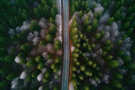 Premium Ai Image Drone Shot Above Beautiful Pine Forest Road At