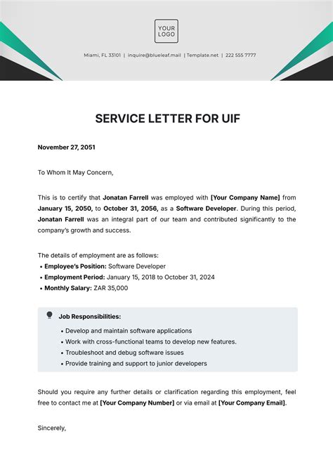Free Service Letter For Uif Template To Edit Online