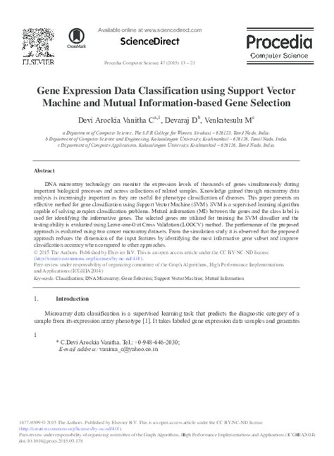 Pdf Gene Expression Data Classification Using Support Vector Machine And Mutual Information