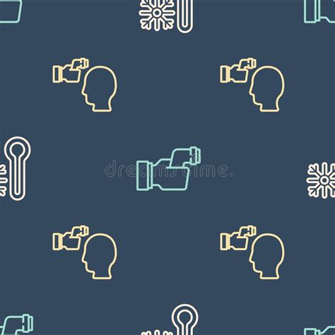 Set Line Thermometer With Snowflake Checking Body Temperature And On Seamless Pattern Vector