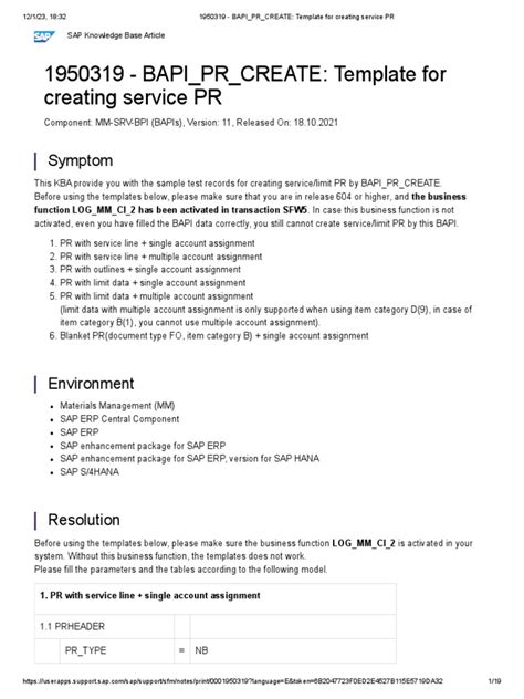 Template For Creating A Service Purchase Requisition Using The Bapipr