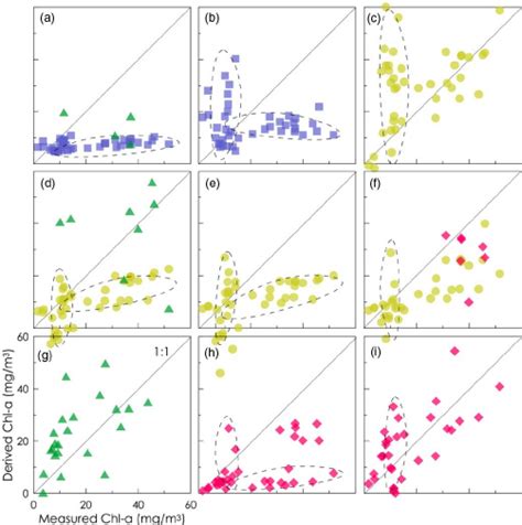 measured versus derived chl a concentrations from nine algorithms a