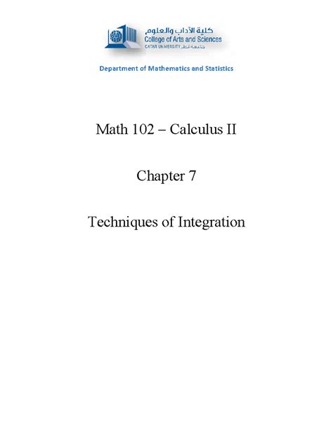 Math 102 Calculus Ii Chapter 7 Techniques Of Integration Summary Studocu