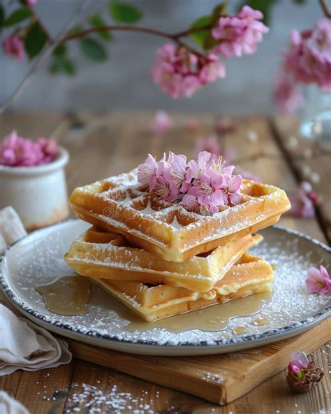 Stack Of Waffles Topped With Pink Flowers On A Plate Stock Image