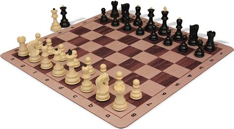 Zagreb Plastic Chess Set Black And Aged Ivory Pieces With Walnut And Maple