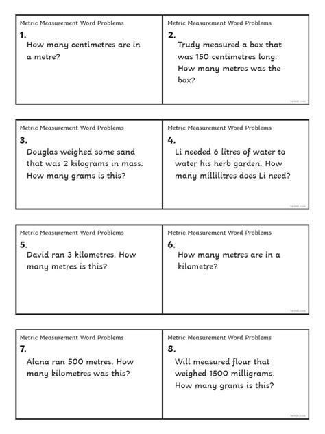 T2 M 4496 Metric Measurement Word Problems Task Cards Ver 1 Pdf Pdf Litre Measurement