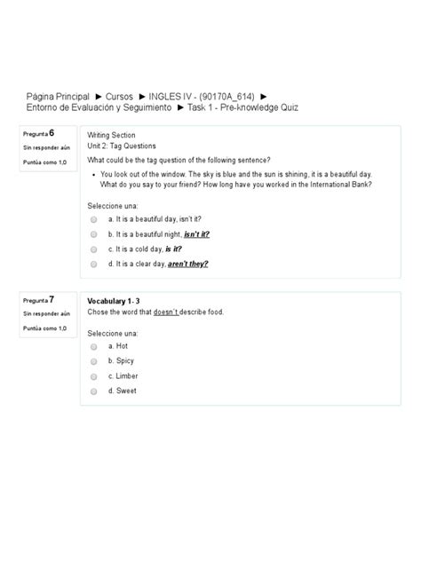 Task 1 Pre Knowledge Quiz 2 Pdf Question Syntactic Relationships
