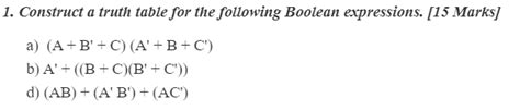 Solved 1 Construct A Truth Table For The Following Boolean