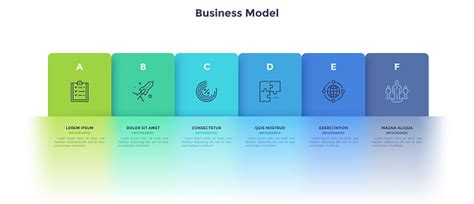 6개의 다채로운 직사각형 요소 가는 선 상형 문자 포인터 및 텍스트 상자 6 단계 연속적인 유리 비즈니스 모델의 개념 현대 인포 그래픽 디자인 템플릿 벡터 일러스트 레이 션