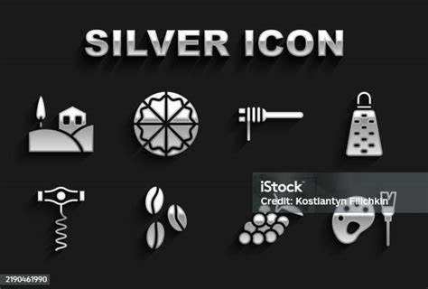 커피 콩 강판 팔레트 포도 과일 와인 코르크 마개 파스타 스파게티 마을 풍경 및 피자 아이콘이있는 페인트 브러시 세트 벡터 검은색에 대한 스톡 벡터 아트 및 기타 이미지