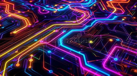 Abstract Neon Circuit Board Design With Glowing Lines And Dots For Technology Futuristic And