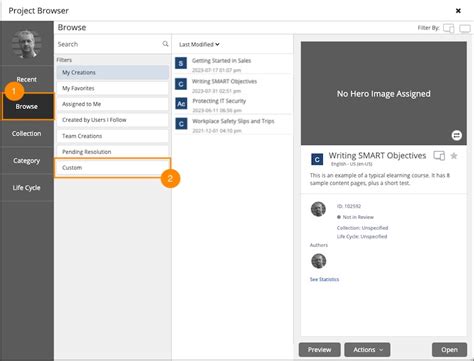 working with the project filtering options on the browse projects panel
