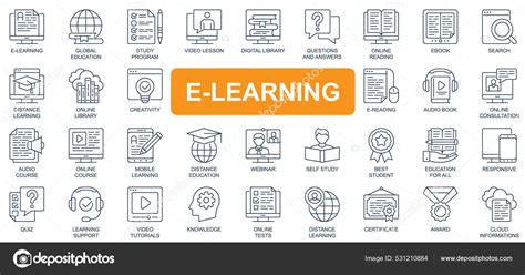 E Learning Concept Simple Line Icons Set Bundle Of Global Education