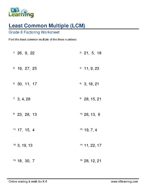Grade 6 Least Common Multiple Lcm 3 Numbers 2 30 B Online Reading