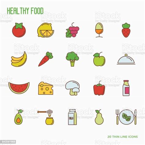 신선한 자연 제품 채식 식료품의 유기농 식품 얇은 라인 아이콘 배너 건강 한 영양에 대 한 웹 페이지에 대 한 벡터 일러스트 아이콘에 대한 스톡 벡터 아트 및 기타 이미지