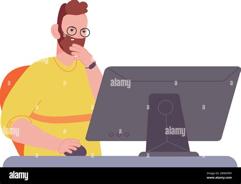 thinking man working at computer desk work problem solving isolated on