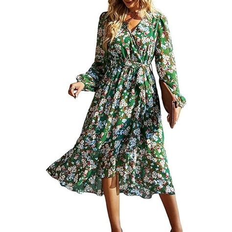 Prettygarden Womens Floral Print Boho Dress Long Sleeve Wrap V Neck