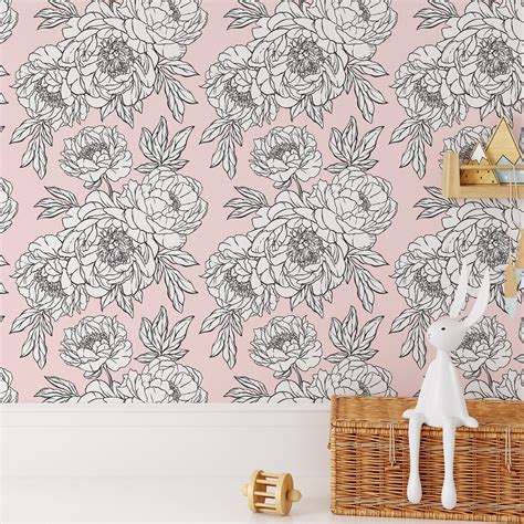 Hand Drawn Pink Floral Peel And Stick Wallpaper Removable Etsy