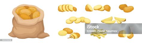 자루에 담긴 전체 감자와 식물 벡터 세트의 뿌리 채소 또는 녹말 결절로 얇게 썬 것 감자 요리에 대한 스톡 벡터 아트 및 기타 이미지 감자 요리 주머니 갈색 Istock