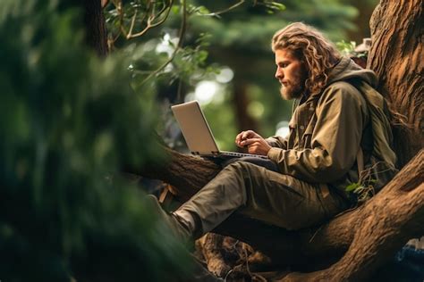 Premium Photo A Man Programmer Sitting On A Tree Branch And Coding On A Laptop Working Remote