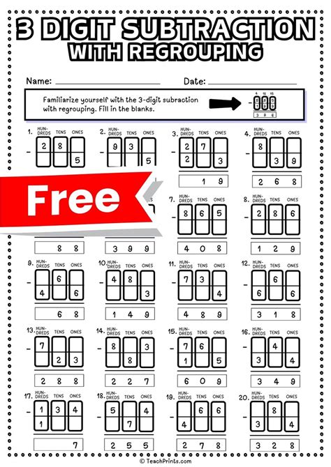 3 Digit Subtraction With Regrouping Worksheets Teach Prints