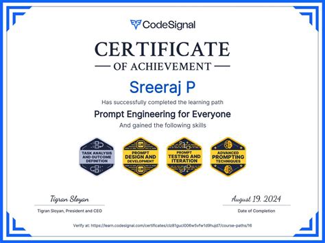 Sreeraj P On Linkedin Codesignal Learning Path Certificate Of Achievement
