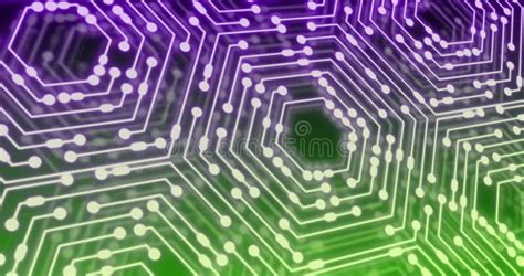 Image Of Neon Integrated Circuit On Purple And Green Background Stock
