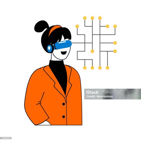 웹을 위한 평면 디자인에 있는 만화 사람들과 가상 현실 개념 Vr 헤드셋 엔지니어링 마이크로칩에 있는 여자 와 연결 연결 소셜 미디어 배너 마케팅 자료에 대한 벡터
