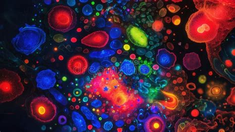 Abstract Microscopic View Of Colorful Cells And Microorganisms In Vibrant Neon Colors On A Dark
