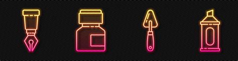 세트 라인 팔레트 나이프 만년필 펜촉 페인트 구아슈 항아리 염료 및 마커 펜 빛나는 네온 아이콘입니다 벡터 거리표식에 대한 스톡 벡터 아트 및 기타 이미지 Istock
