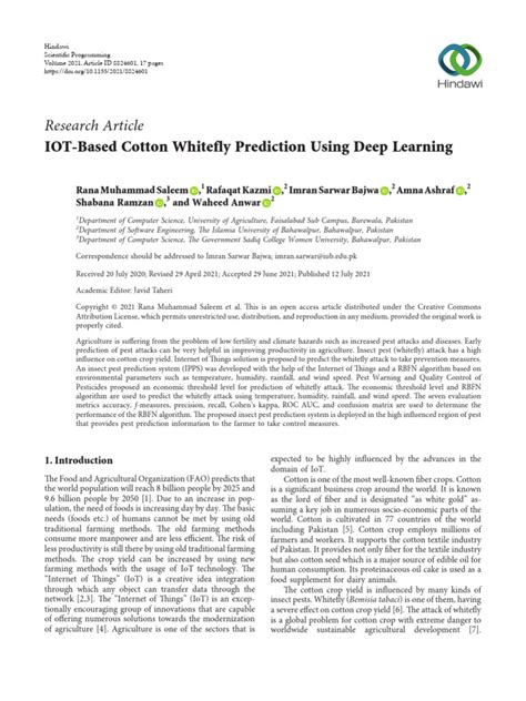 Research Article Iot Based Cotton Whitefly Prediction Using Deep