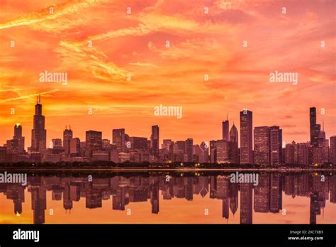 Chicago Skyline At Sunset Over The Lake Michigan Illinois Keywords