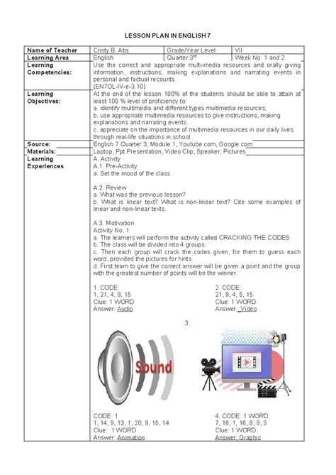 Lesson Plan In English 7 Multimedia Resources Lesson Plan In English