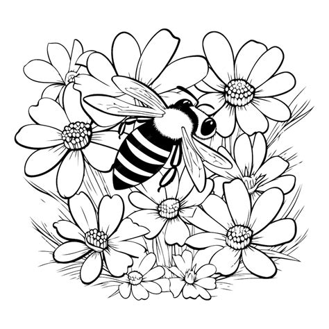Premium Vector Black And White Drawing Of A Bee And Flowers Vector