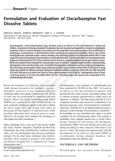 Pdf Formulation And Evaluation Of Oxcarbazepine Fast Dissolve Tablets