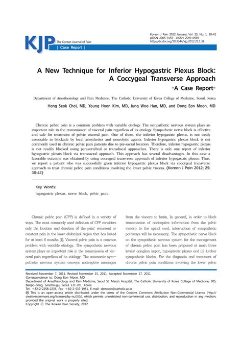 Pdf A New Technique For Inferior Hypogastric Plexus Block A Coccygeal Transverse Approach A