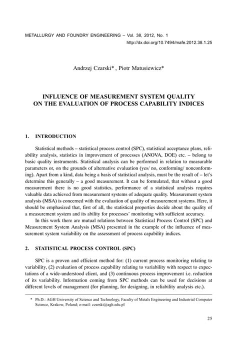 Pdf Influence Of Measurement System Quality On The Evaluation Of Process Capability Indices