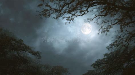 Realistic Night Sky With Moon With Stars And Through Tree Branches Background Of Dark Clouds