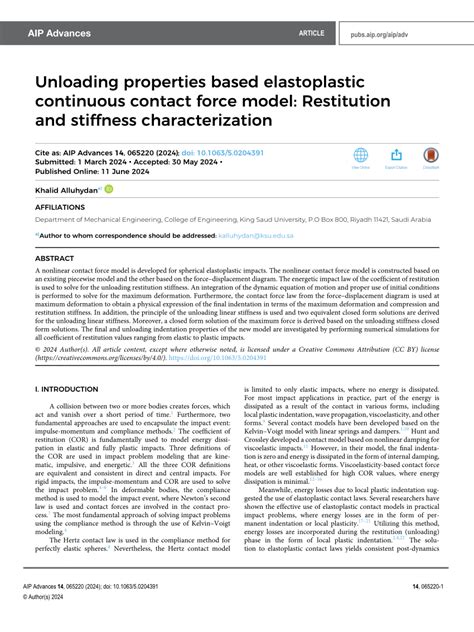 Pdf Unloading Properties Based Elastoplastic Continuous Contact Force