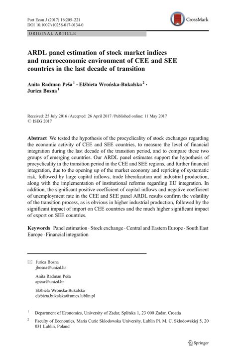 Pdf Ardl Panel Estimation Of Stock Market Indices And Macroeconomic Environment Of Cee And See