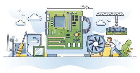 parts of computer and pc hardware components in outline collection set